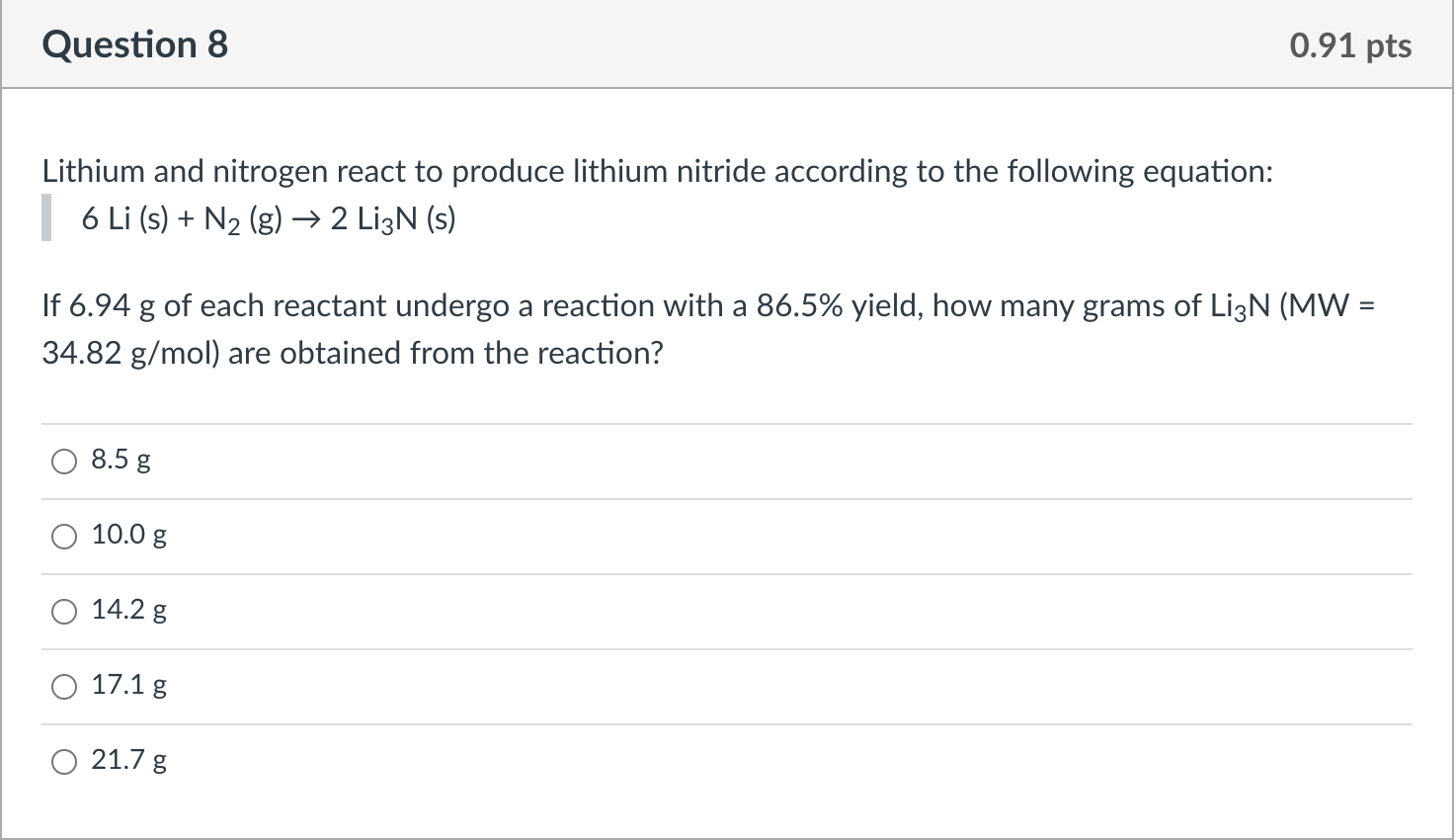 Solved Question 8 0.91 pts Lithium and nitrogen react to | Chegg.com
