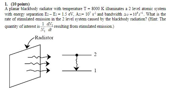 Solved 1. (10 points) A planar blackbody radiator with | Chegg.com