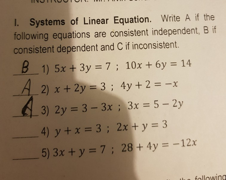 Solved I. Systems of Linear Equation. Write A if the | Chegg.com