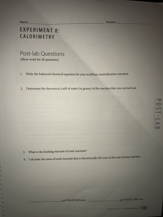 Solved Section: Name: EXPERIMENT 8: CALORIMETRY Pre-Lab | Chegg.com