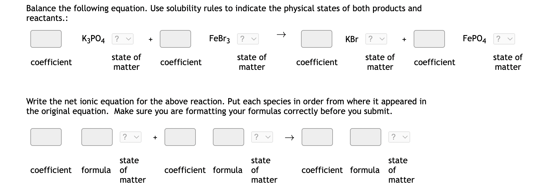 Solved Balance the following equation. Use solubility rules | Chegg.com