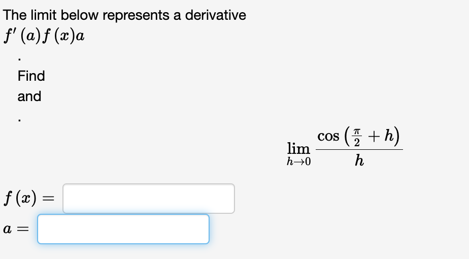 Solved The limit below represents a derivative f′(a)f(x)a | Chegg.com