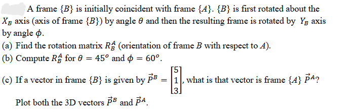 Solved A frame {B} ﻿is initially coincident with frame | Chegg.com