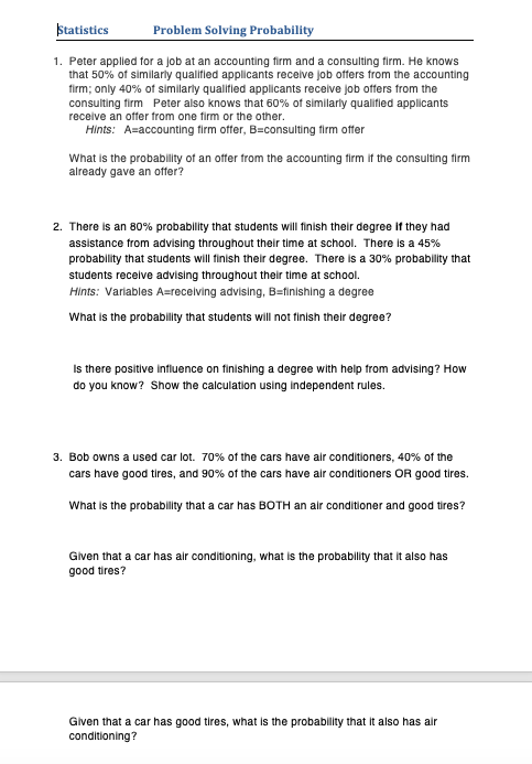 Solved Statistics Problem Solving Probability 1. Peter | Chegg.com