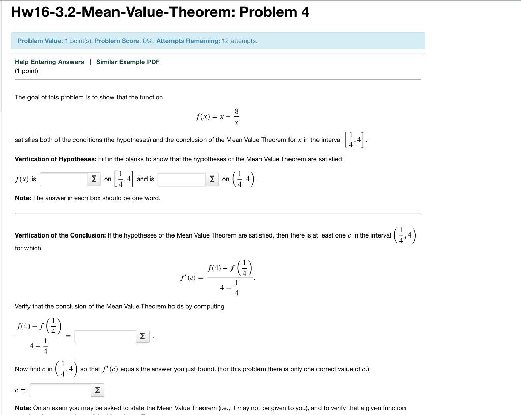 Solved Hw16-3.2-Mean-Value-Theorem: Problem 4 Problem Value: | Chegg.com