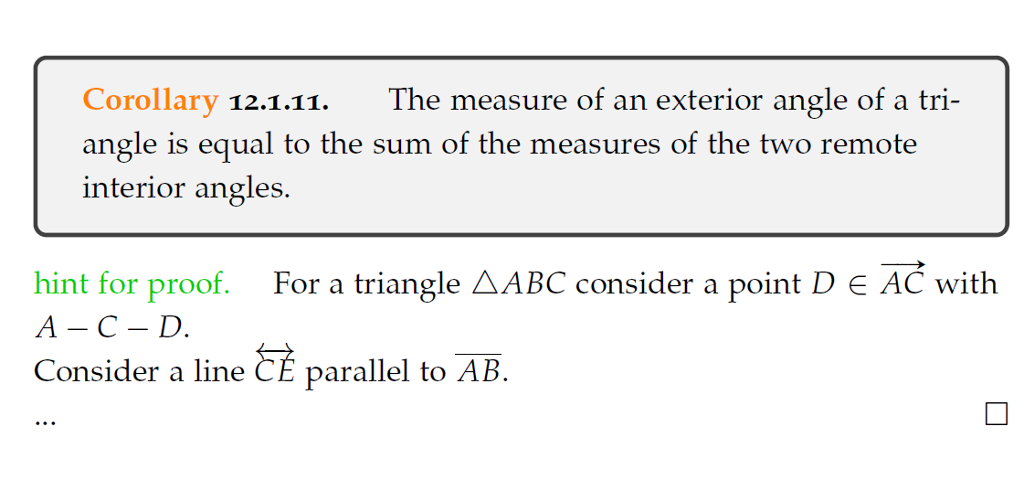 Solved Corollary 12.1.11. The measure of an exterior angle | Chegg.com