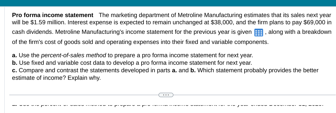 Solved Pro forma income statement The marketing department | Chegg.com