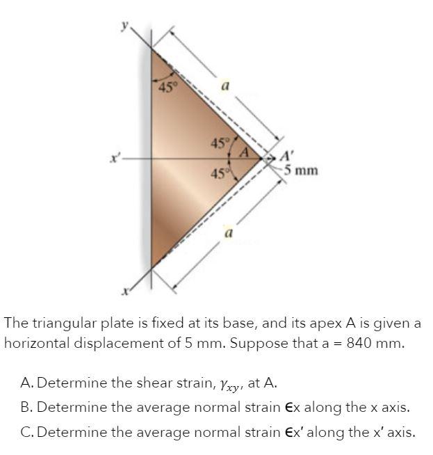Solved 45° 45° 4 45 5 mm The triangular plate is fixed at | Chegg.com
