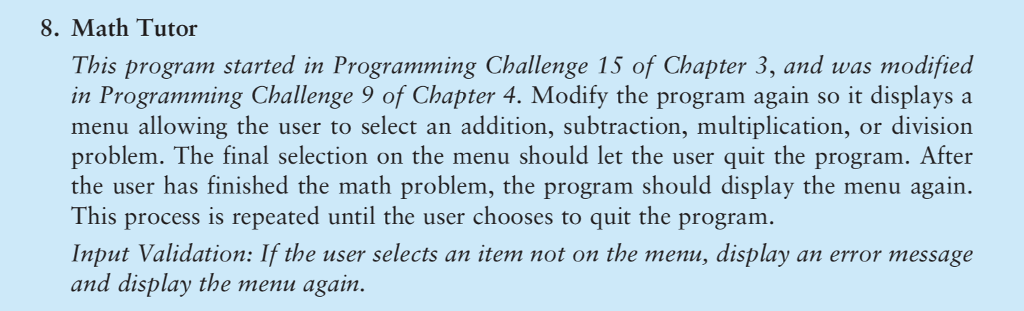 Solved 8. Math Tutor This program started in Programming | Chegg.com