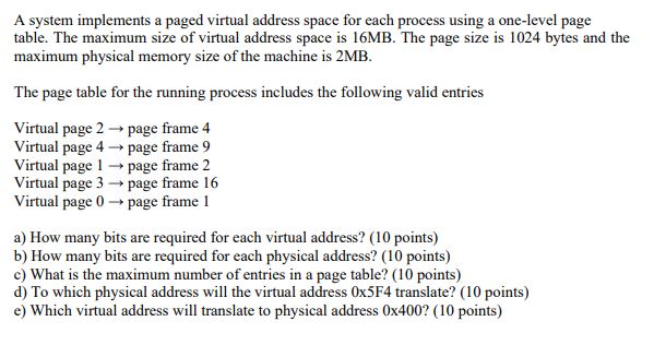 Solved A system implements a paged virtual address space for | Chegg.com