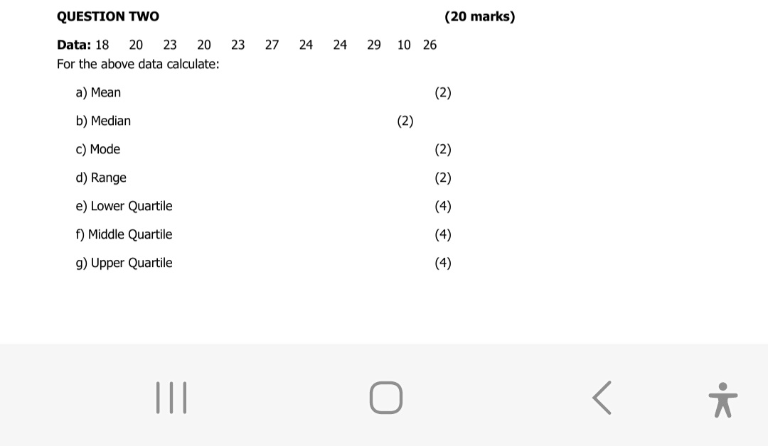 Solved Question Two 20 Marks Data 1820232023272424291026 