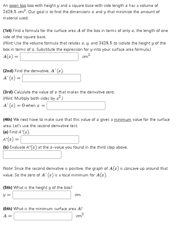 Solved An open top box with height y and a square base with | Chegg.com