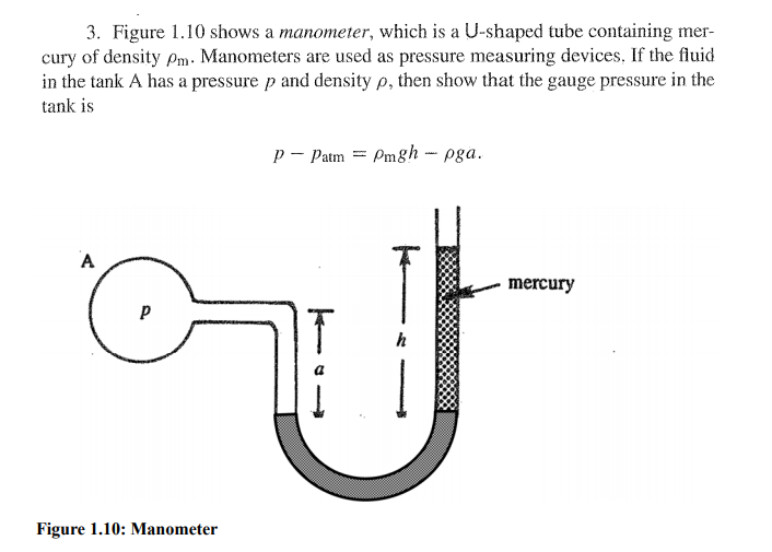 Solved 3. Figure 1.10 shows a manometer, which is a U-shaped | Chegg.com