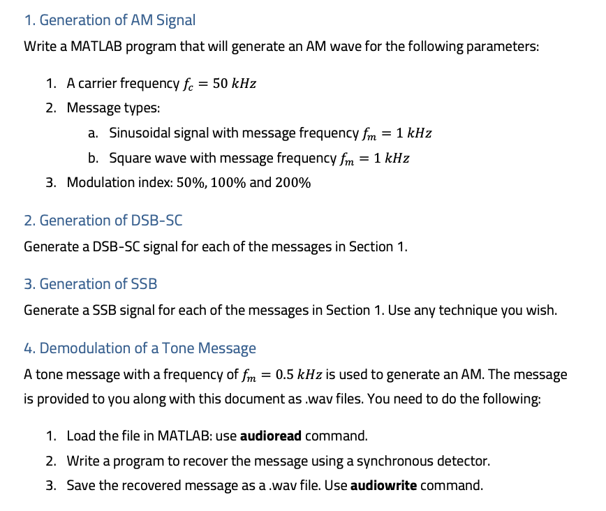 1. Generation of AM Signal Write a MATLAB program | Chegg.com