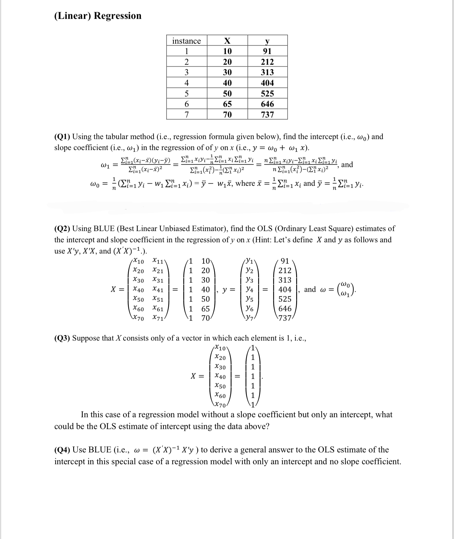 Solved (Linear) Regression (Q1) Using the tabular method | Chegg.com