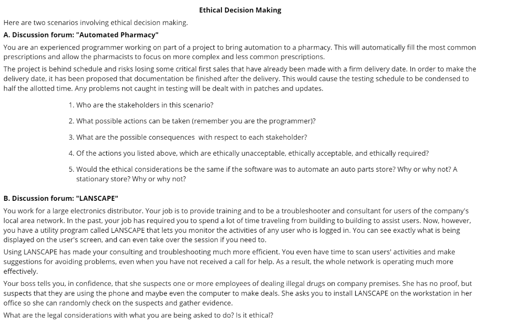 Solved Ethical Decision Making Here are two scenarios | Chegg.com