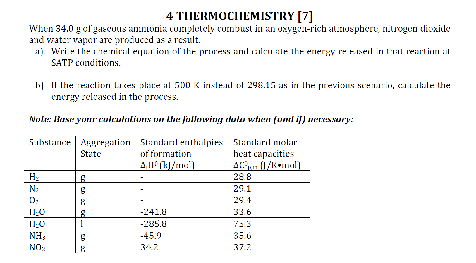 Solved 4 THERMOCHEMISTRY [7] When 34.0 g of gaseous ammonia | Chegg.com