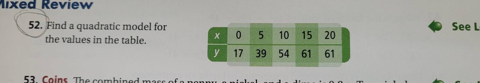 Solved 52. Find a quadratic model for the values in the | Chegg.com