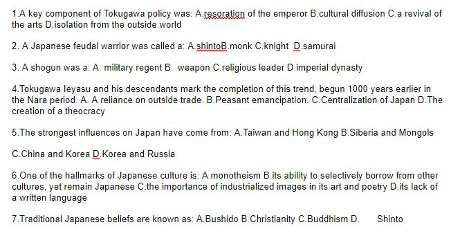 Solved 1.A key component of Tokugawa policy was: | Chegg.com