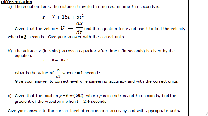 Solved Differentiation a) The equation for s, the distance | Chegg.com
