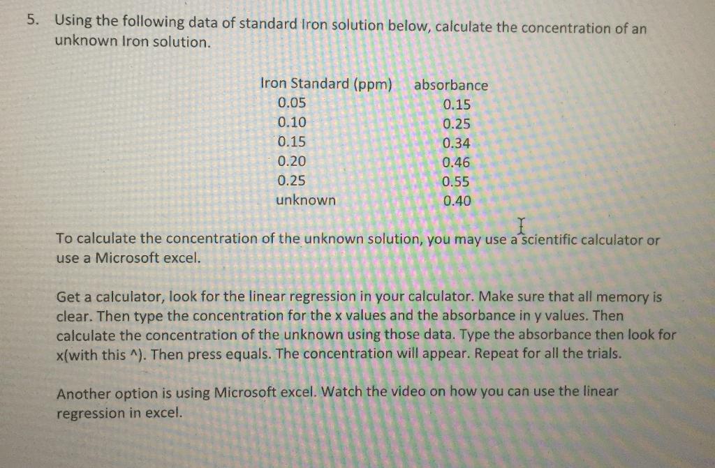 Solved 5. Using the following data of standard Iron solution | Chegg.com