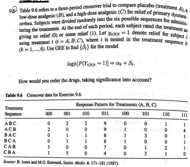 96 Table 9.6 refers to a three-period crossover trial | Chegg.com