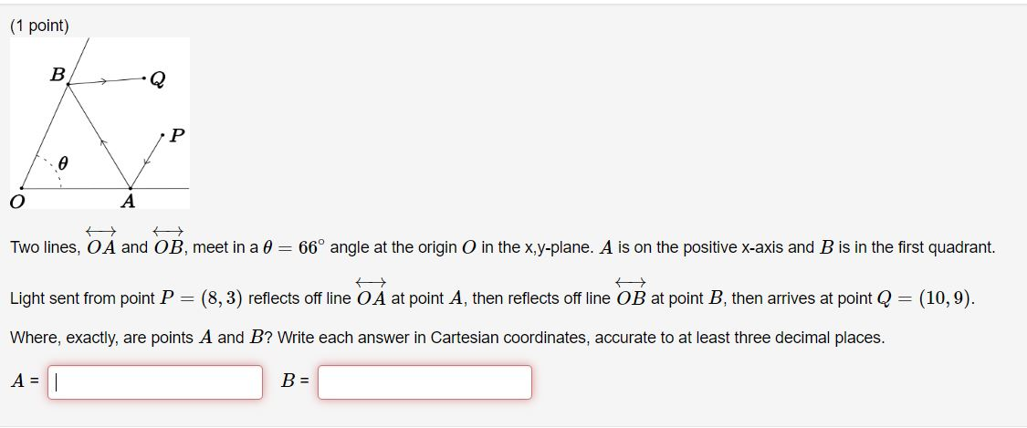 Solved (1 point) Two lines, OA and OB, meet in a = 66° angle | Chegg.com
