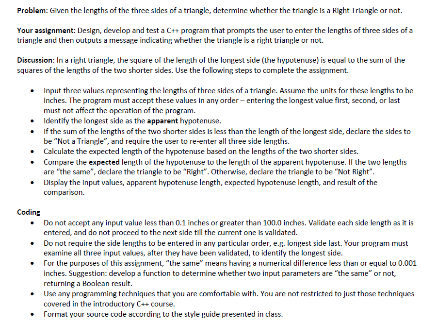Solved Problem: Given the lengths of the three sides of a | Chegg.com