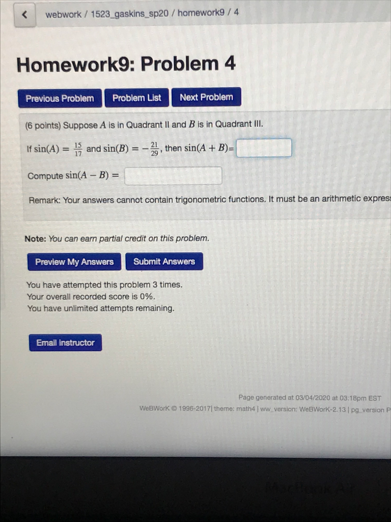 Solved webwork / 1523_gaskins sp20 /homework9 / 4 Homework9: | Chegg.com