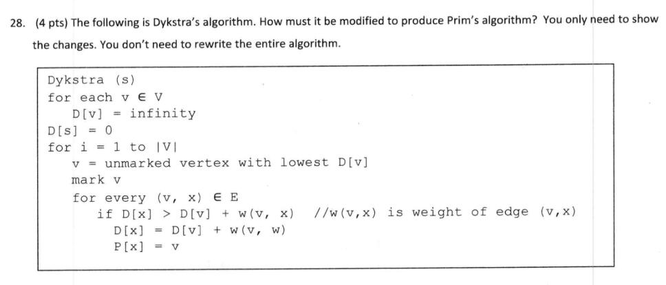 Solved 28. (4 pts) The following is Dykstra's algorithm. How | Chegg.com