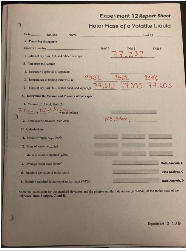 Experiment 12 Report Sheet Molar Mass of a Volatile | Chegg.com