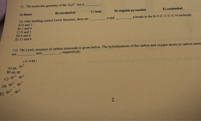 Solved 1 1: The molecular geometry of the H30. ¡on is A) | Chegg.com