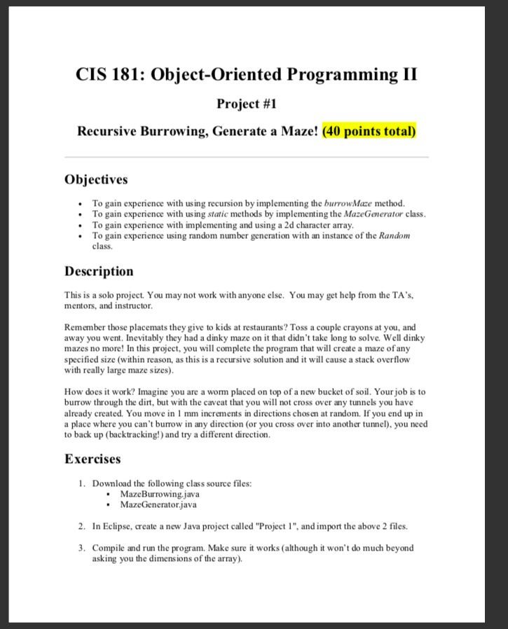 CIS 181: Object-Oriented Programming II Project #1 | Chegg.com