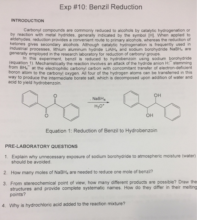 Solved Exp #10: Benzil Reduction INTRODUCTION Carbonyl | Chegg.com