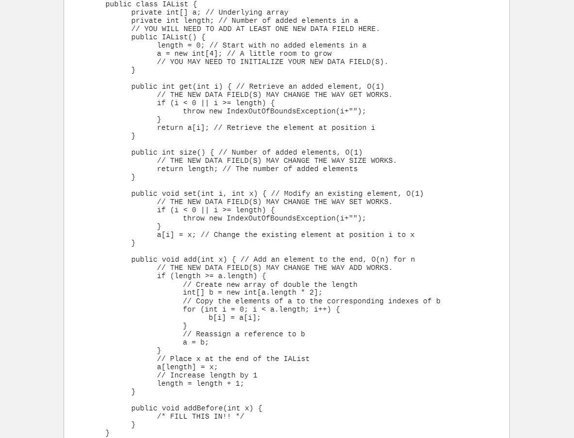 CS 143 Assignment 2 (IAList addBefore) In class, we | Chegg.com