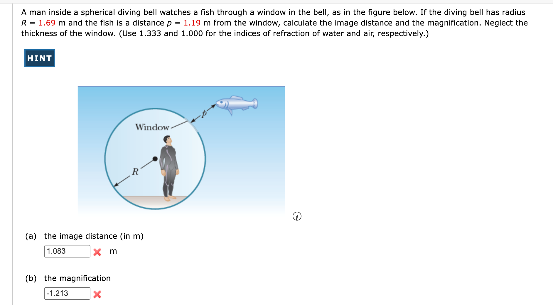 Solved A man inside a spherical diving bell watches a fish | Chegg.com