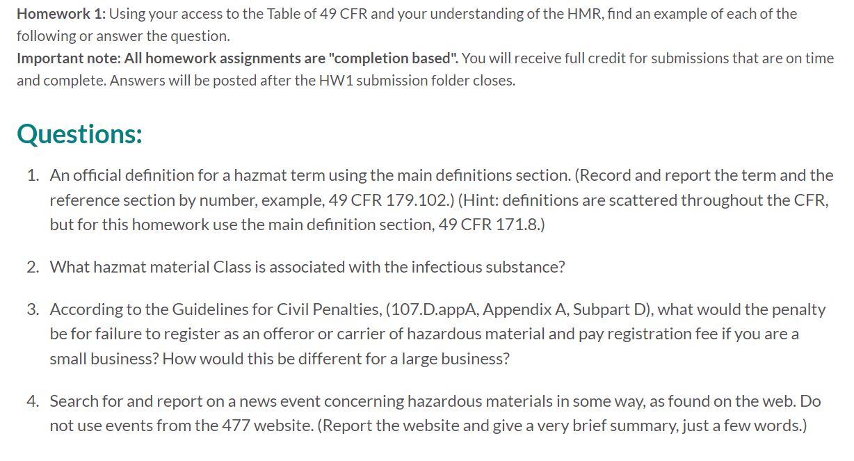Solved Homework 1: Using your access to the Table of 49 CFR | Chegg.com