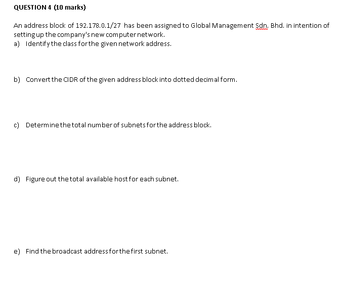 Solved QUESTION 4 (10 marks) An address block of | Chegg.com