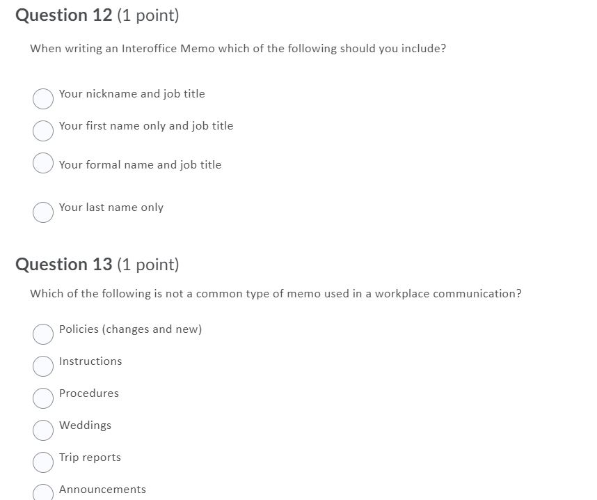 Solved Question 12 (1 point) When writing an Interoffice | Chegg.com