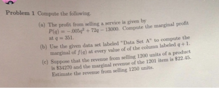 Solved Problem 1 Compute the following. (a) The profit from | Chegg.com