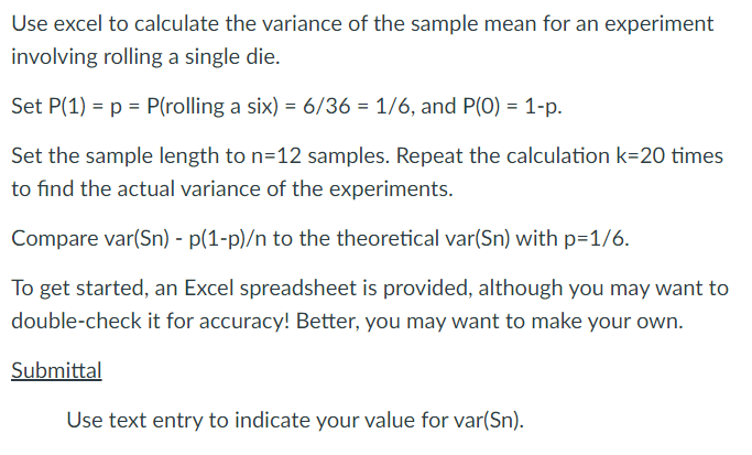 Use excel to calculate the variance of the sample | Chegg.com