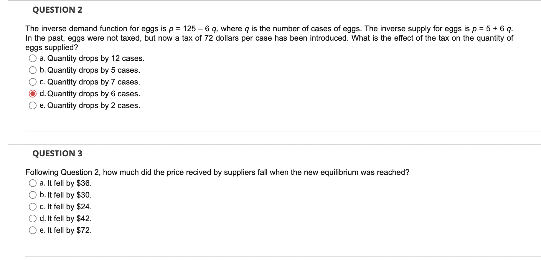 Solved The inverse demand function for eggs is p=125−6q, | Chegg.com