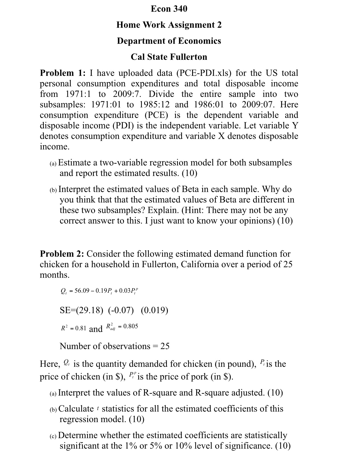 Solved Econ340 Home Work Assignment 2 Department of | Chegg.com