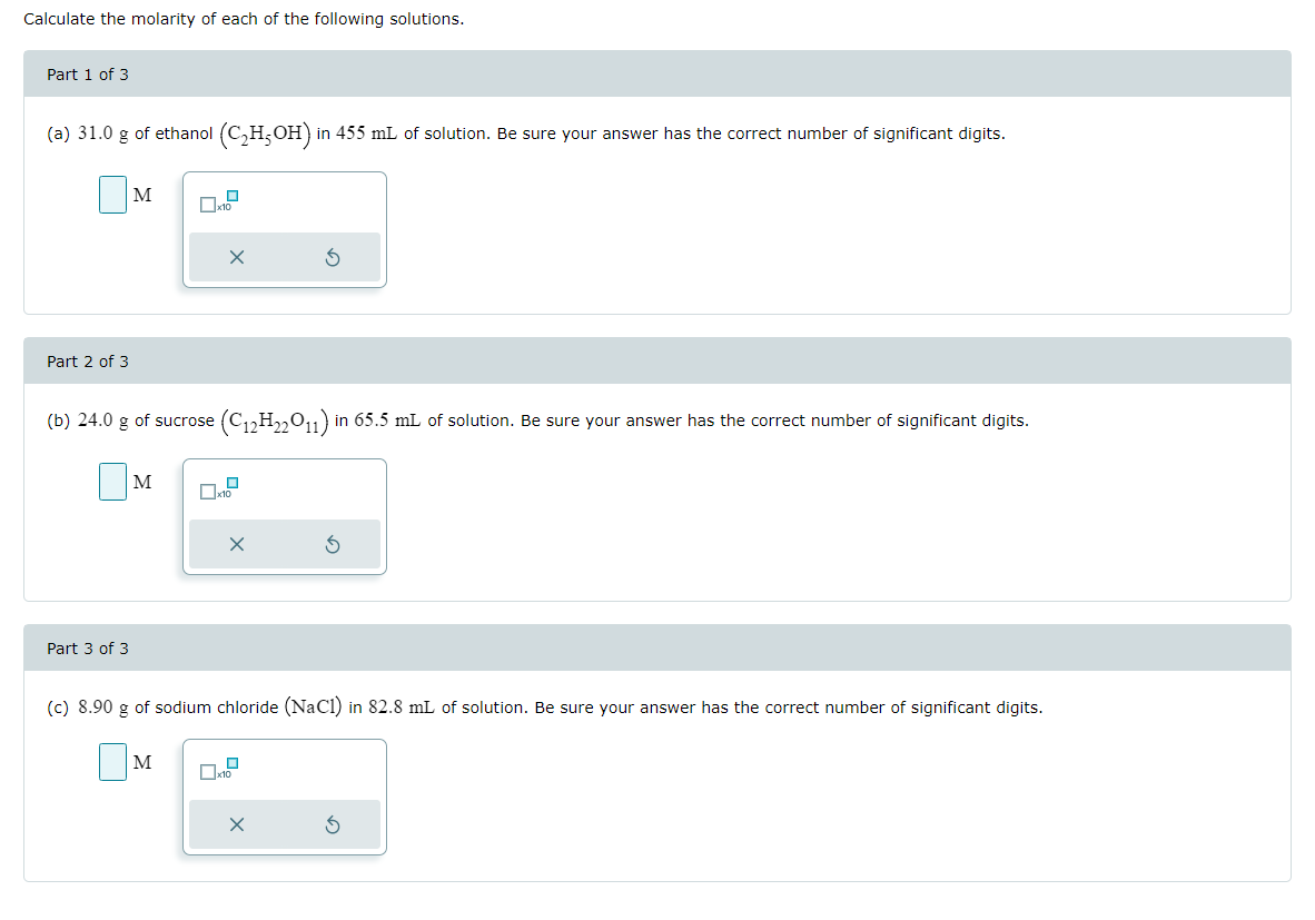 Solved Calculate the molarity of each of the following | Chegg.com