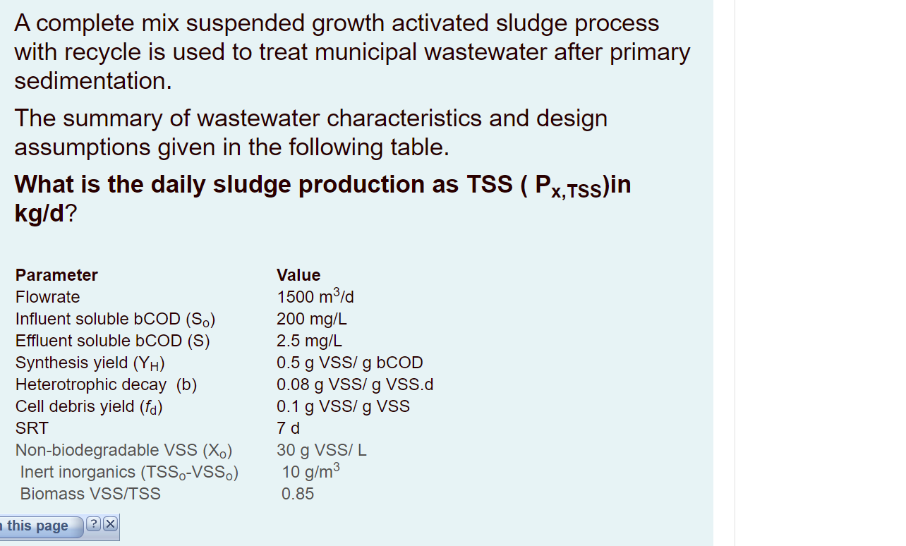 Solved A complete mix suspended growth activated sludge | Chegg.com