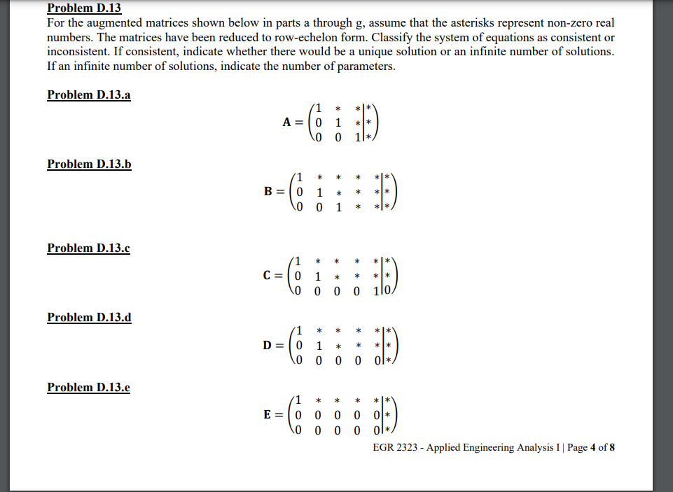 Solved Problem D.13 For the augmented matrices shown below | Chegg.com