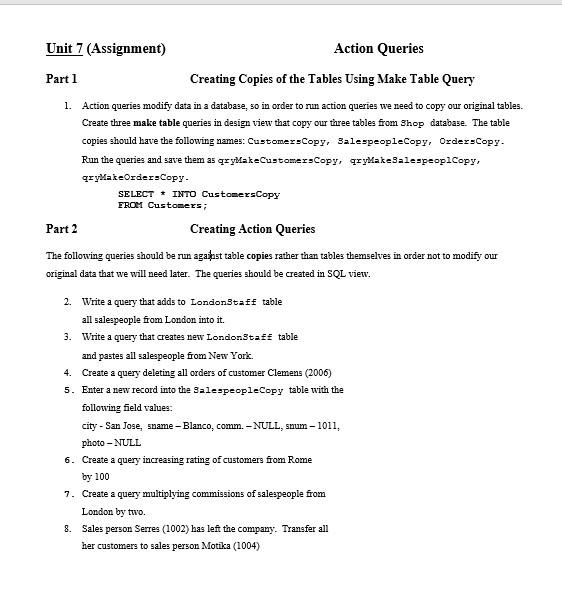 Unit 7 (Assignment) Action Queries Part 1 Creating | Chegg.com