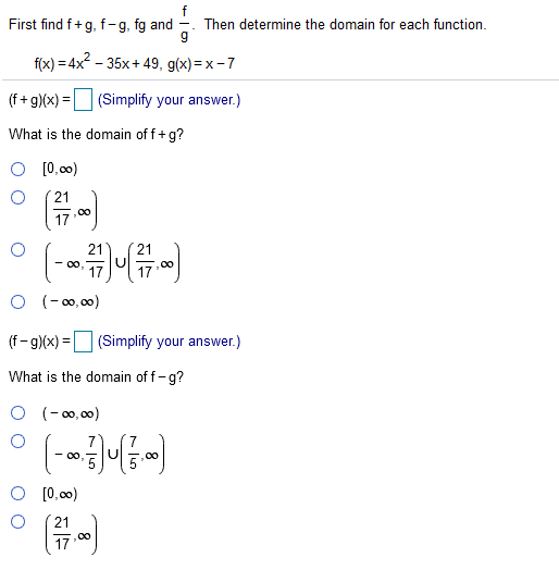Solved First find f+g, f-g, fg and Then determine the domain | Chegg.com