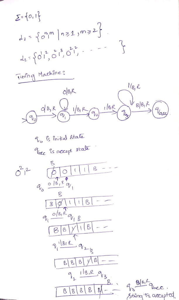 Construct Turing Machine Tm Accepts Following Language Defined Alphabet 0 1 10 Give Transi 