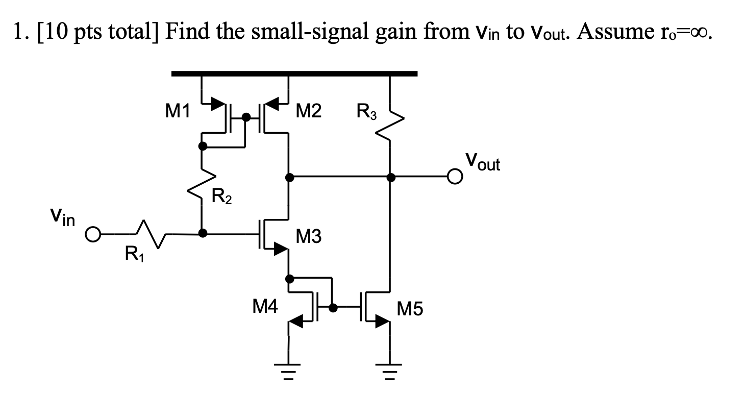 Solved 1. [10 pts total] Find the small-signal gain from Vin | Chegg.com
